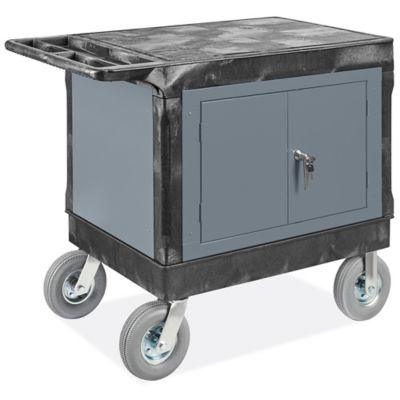 Flat Shelf Utility Cart with Cabinet - 8" Pneumatic Wheels, 45 x 25 x 37", Gray H-11903GR - Uline