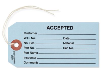 1-Part Inspection Tags - "Accepted", Pre-strung, Blue S-2421BLUPS - Uline