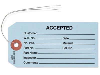 1-Part Inspection Tags - "Accepted", Pre-wired, Blue S-2421BLUPW - Uline
